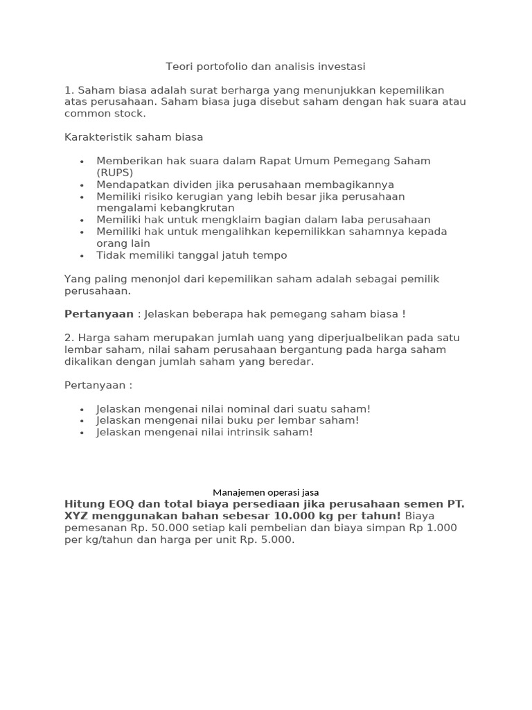 Teori Portofolio Dan Analisis Investasi | PDF