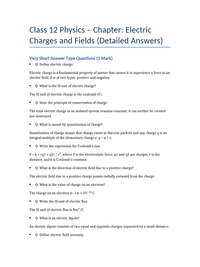 Electric Charges and Fields Q&A Guide | PDF | Electric Charge ...