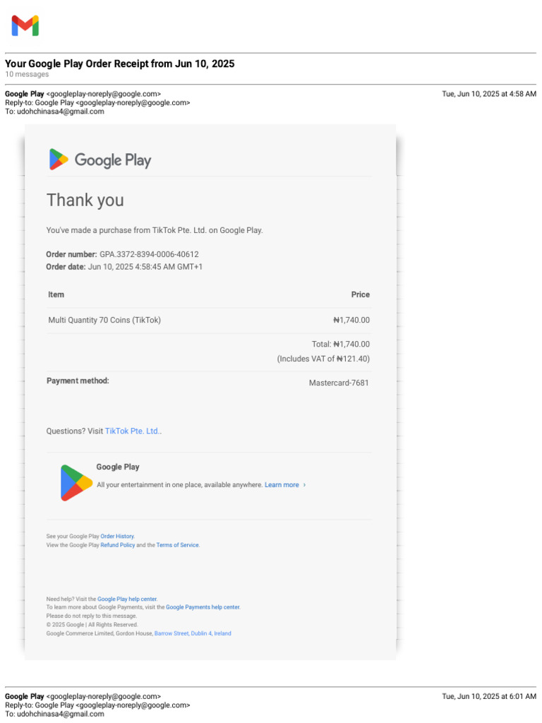 TikTok Purchase Receipt: 70 Coins | PDF | Alphabet Inc. | Business