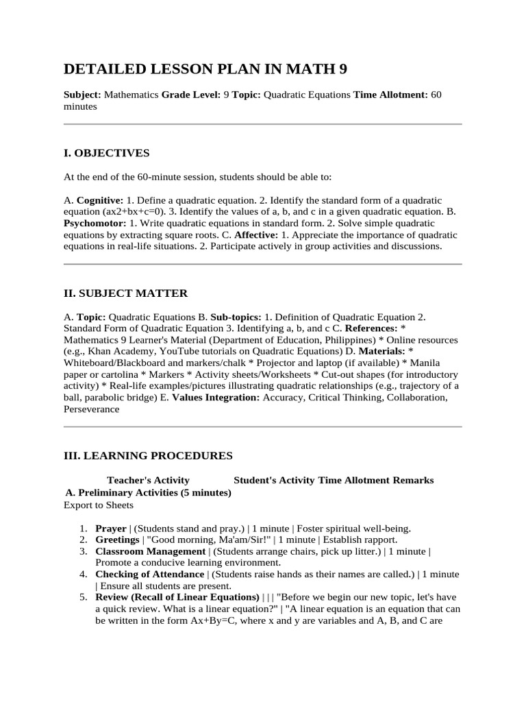 Detailed Lesson Plan in Math 9 - Extracting Square Roots | PDF ...