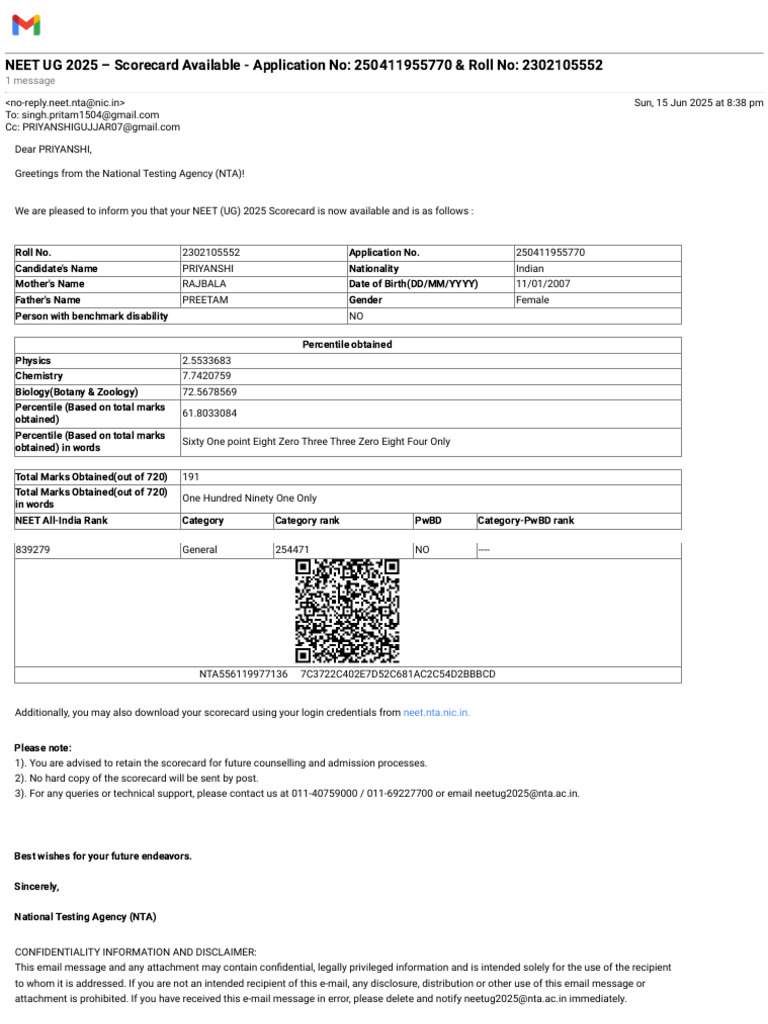 Gmail - NEET UG 2025 - Scorecard Available - Application No - 250411955770 & Roll No ...