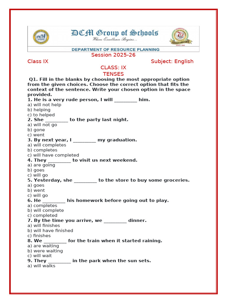 Grade - IX - Tenses Worksheet | PDF