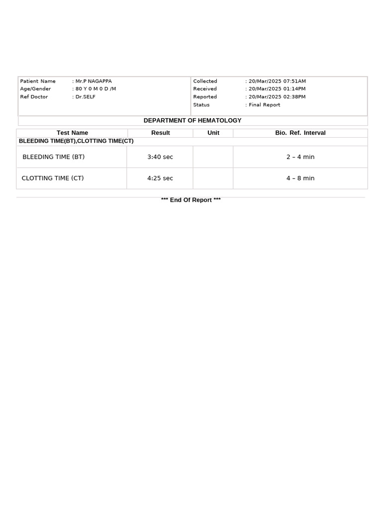 BT and CT Test Results for Mr. Nagappa | PDF
