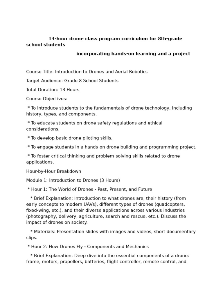 13-Hour Drone Class for 8th Graders | PDF | Unmanned Aerial Vehicle