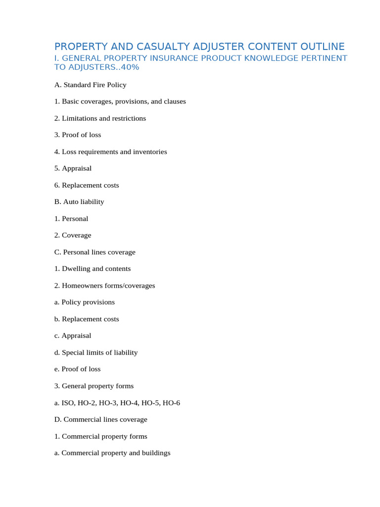 Property and Casualty Adjuster Content Outline | PDF | Insurance ...