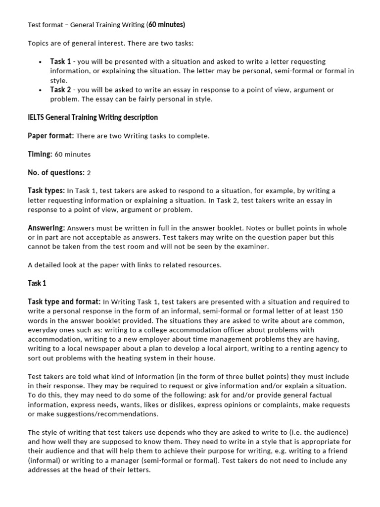 IELTS - Test format – General Training Writing | PDF | International ...