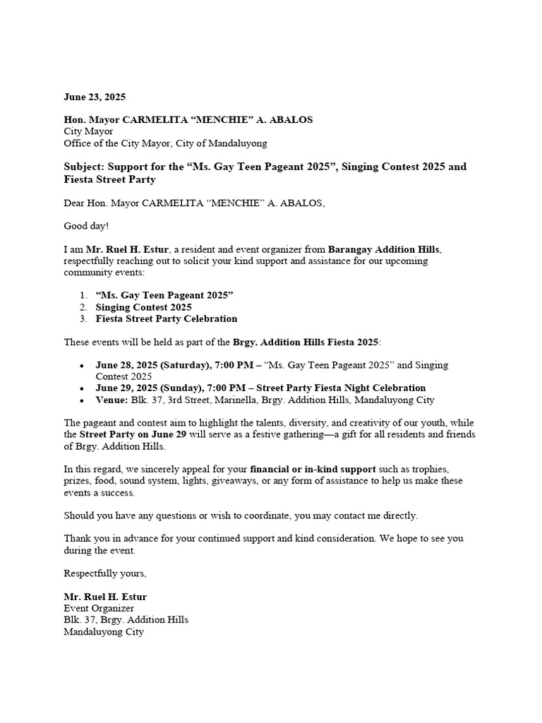 Support Request for Ms. Gay Teen Pageant | PDF