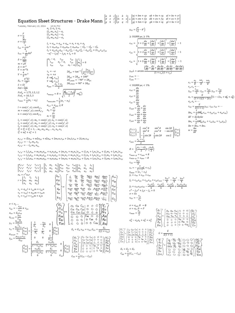 Equation Sheet 1 - Structures | PDF