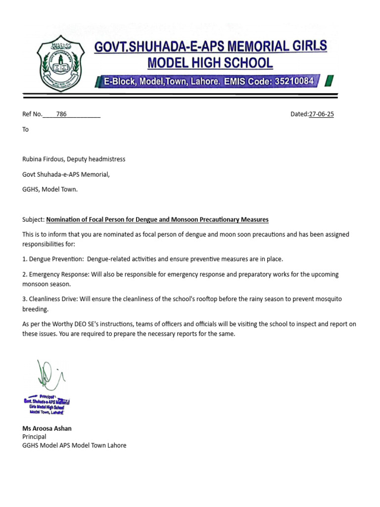 Dengue Precautions at Shuhada-e-APS School | PDF