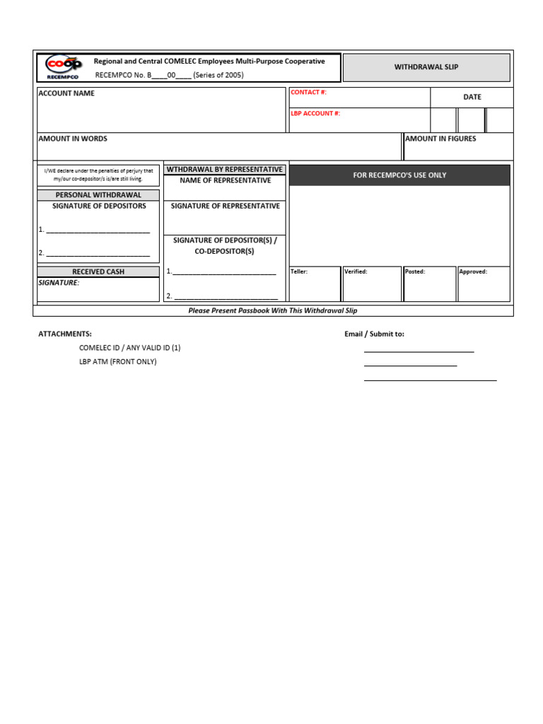 Recempco Withdrawal Slip (LBP) | PDF