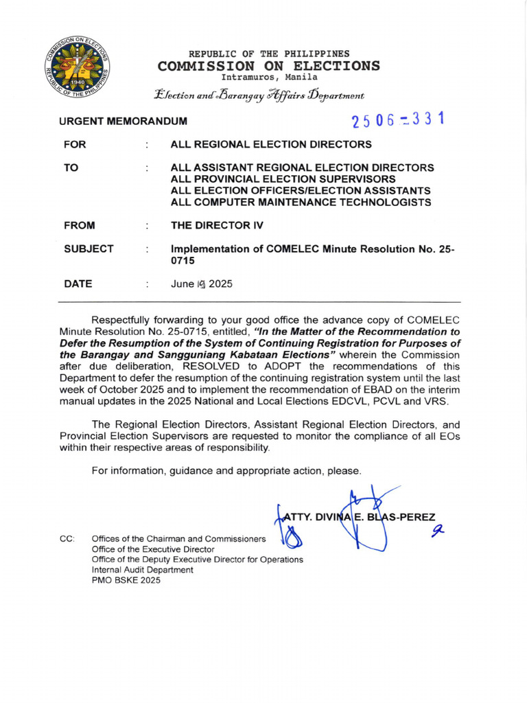 2506 331 Implementation of COMELEC Minute Resolution No. 25 0715 | PDF ...