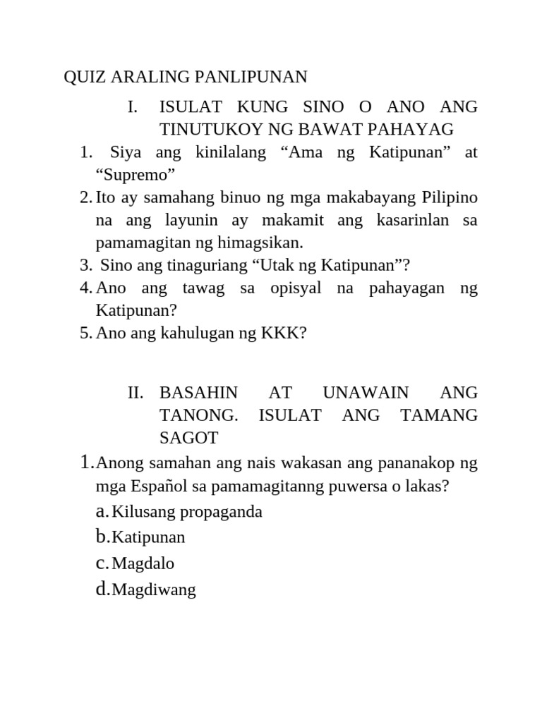 Quiz Araling Panlipunan | PDF