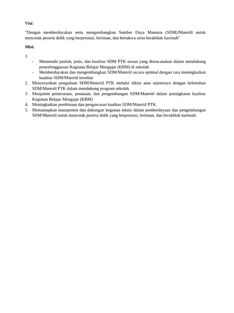 Visi Dan Misi SMPN 5 Kusan Hilir Bulan Agustus 2019 | PDF