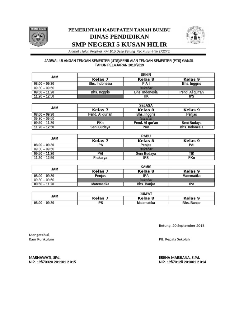 Jadwal UTS SMP Negeri 5 Kusan Hilir | PDF