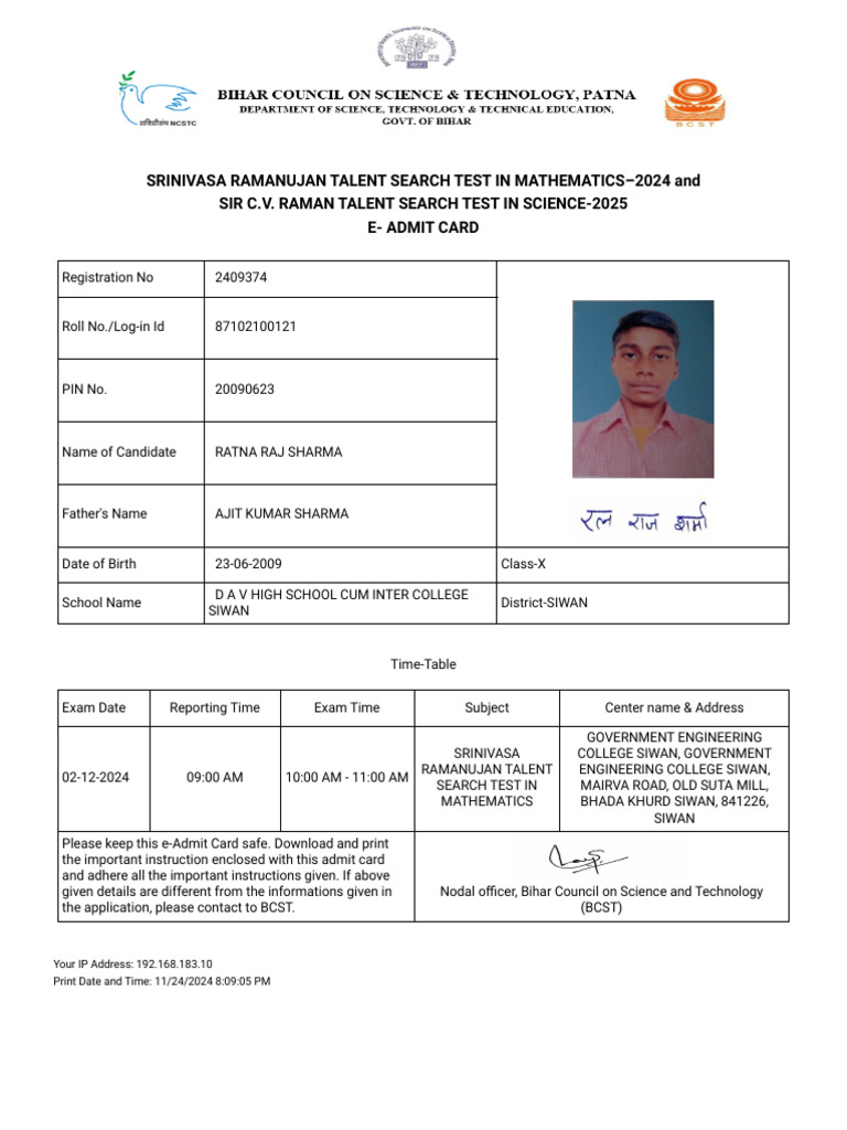 BCST Maths Admit Card | PDF