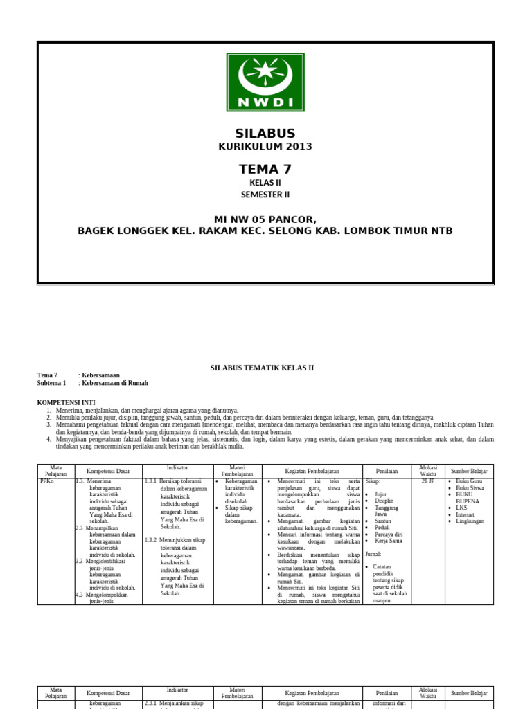Silabus Kelas Ii - Tema 7 S. 2 TP 2021-2022 | PDF