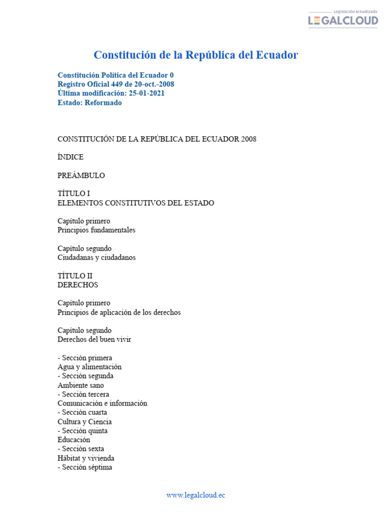 Constitución de La Republica Del Ecuador | PDF | Derecho Constitucional | Ecuador