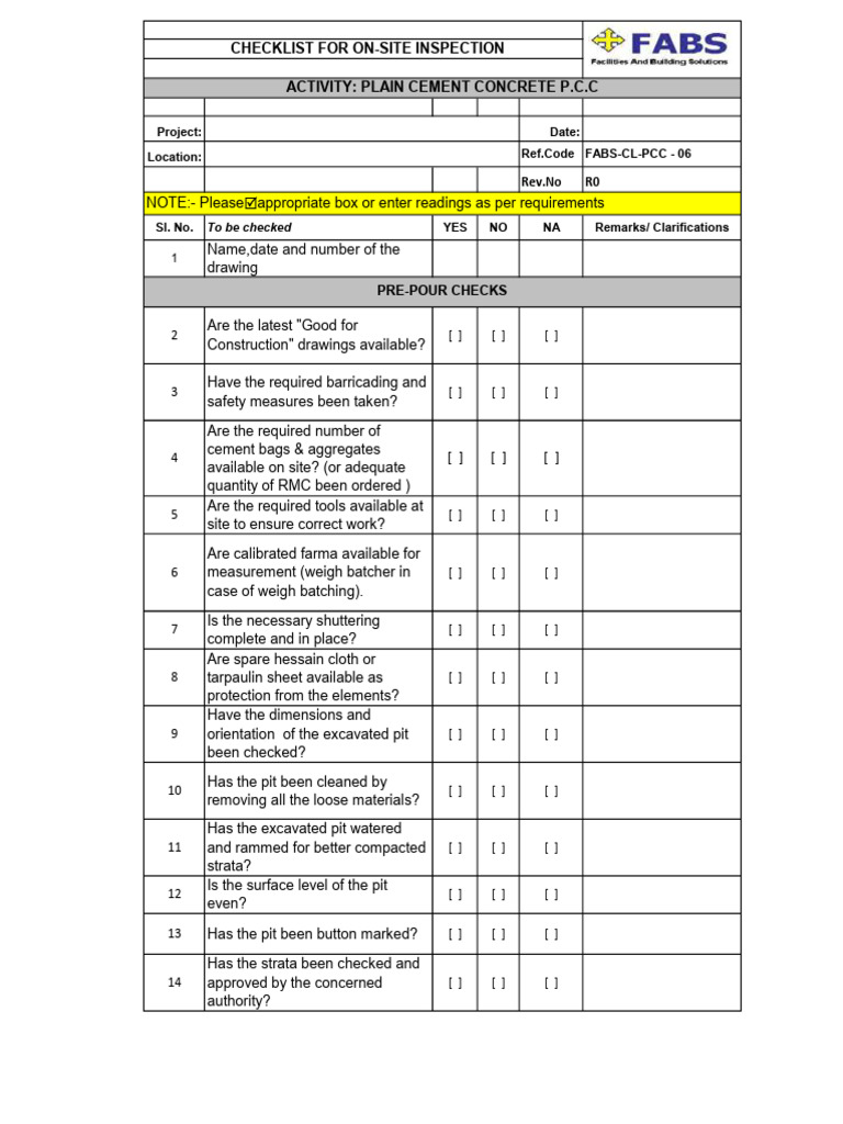 241226 Fabs Pcc Checklist | PDF | Concrete | Civil Engineering