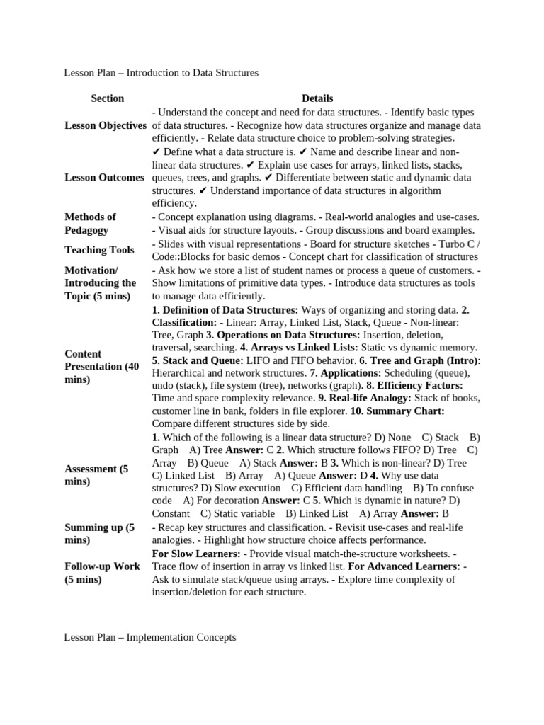 Lesson Plan Data Structure Final | PDF | Matrix (Mathematics) | Recursion