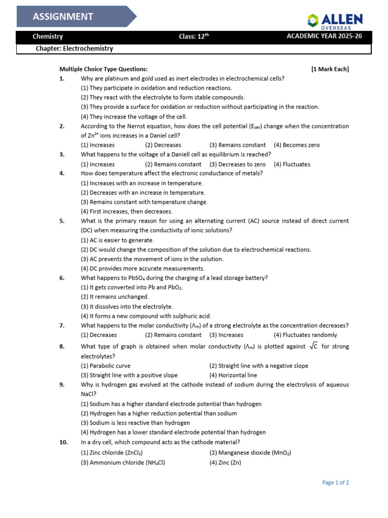 03 Assignment Class 12 Electrochemistry Final | PDF | Electrochemistry | Electrolyte