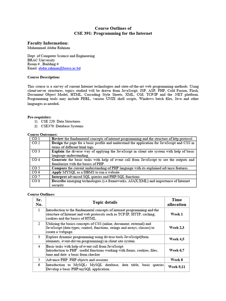 CSE391 v2 OBE - Programming For The Internet Course Outlines | PDF | Php | World Wide Web