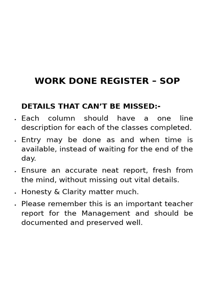 Work Done Register - Sop | PDF