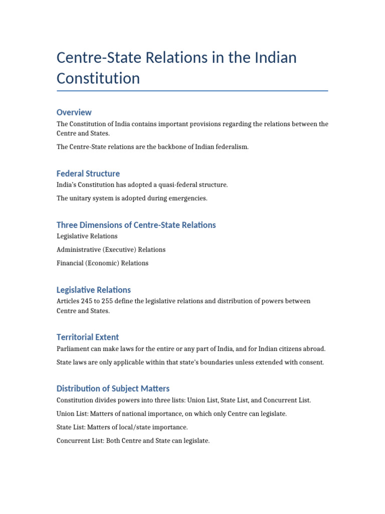 Centre-State Relations in Indian Constitution | PDF | Political Law ...