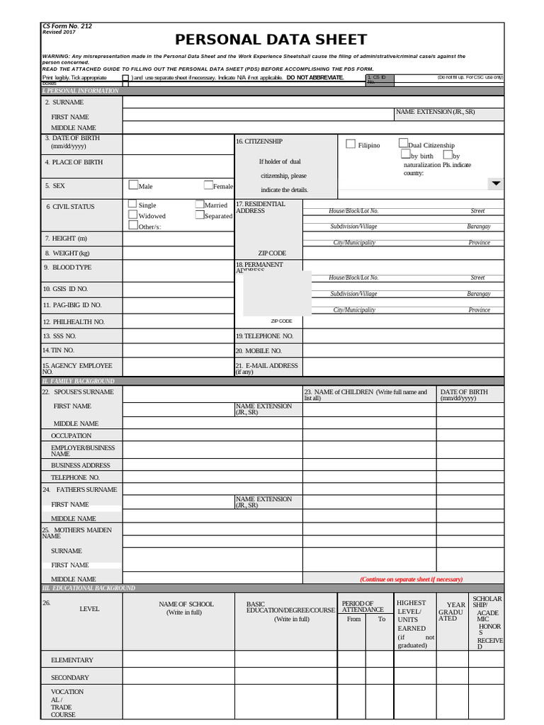 PDF CSC Personal Data Sheet PDS 2017 Page1 | PDF