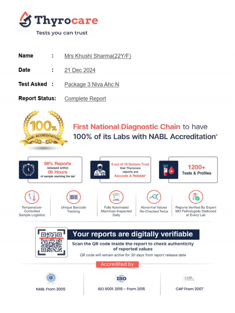 Khushi Sharma's Complete Lab Report | PDF | Creatinine | White Blood Cell