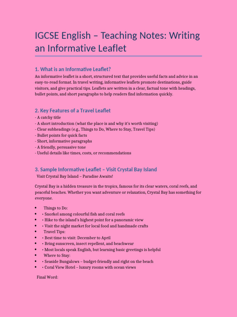 Writing an Informative Travel Leaflet | PDF