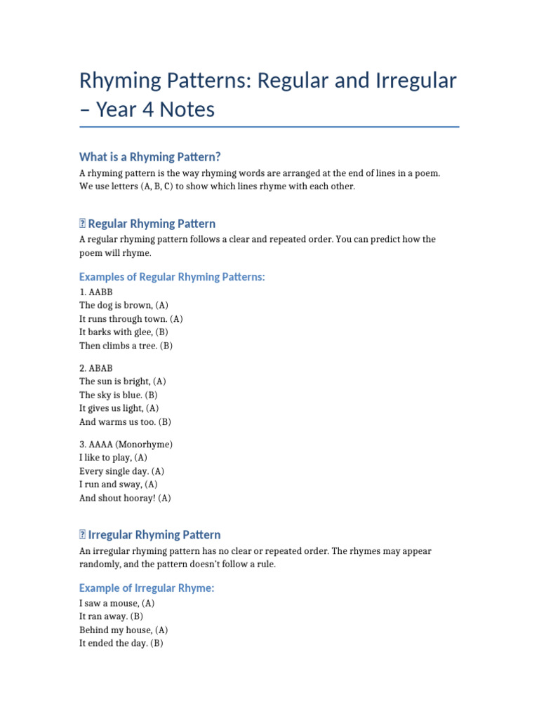 Regular and Irregular Rhyming Patterns Year 4 | PDF