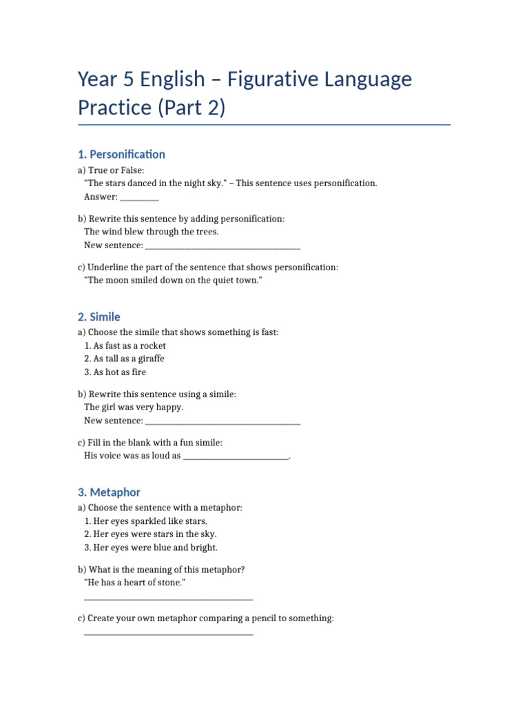 Year 5 English: Figurative Language Practice | PDF
