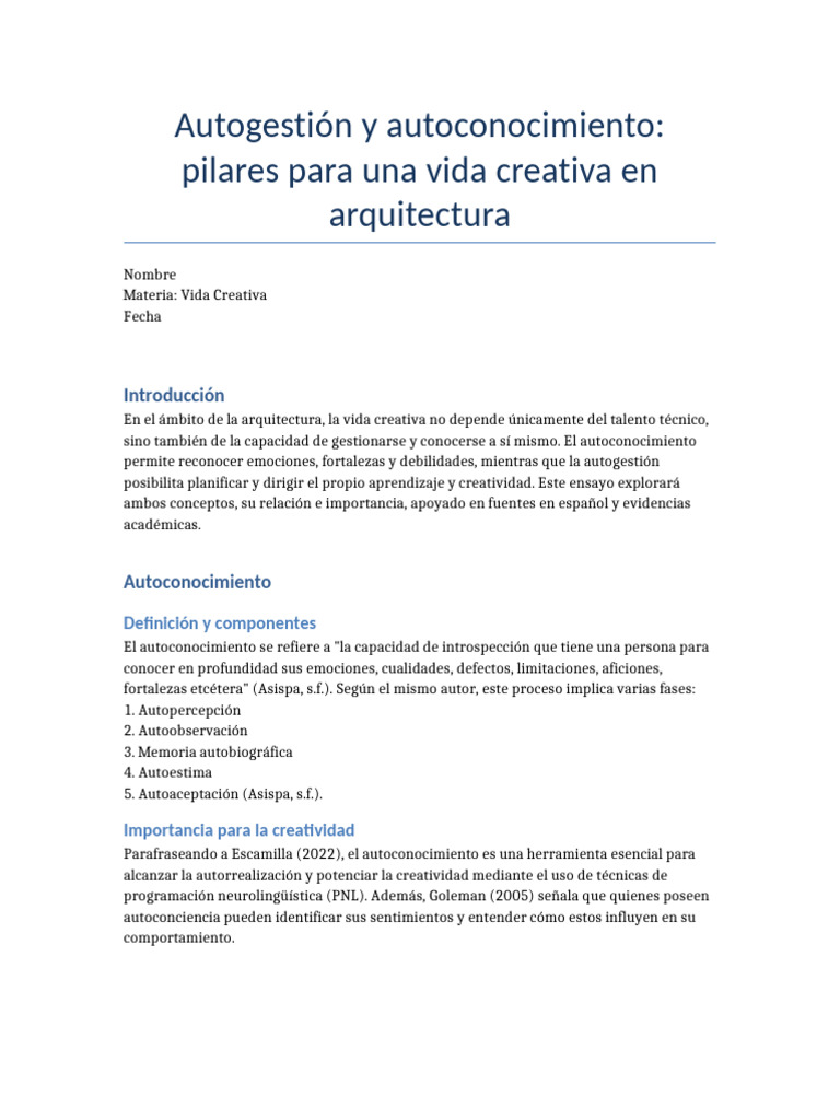 Ensayo Autogestion Autoconocimiento | PDF | Las emociones | Autoestima