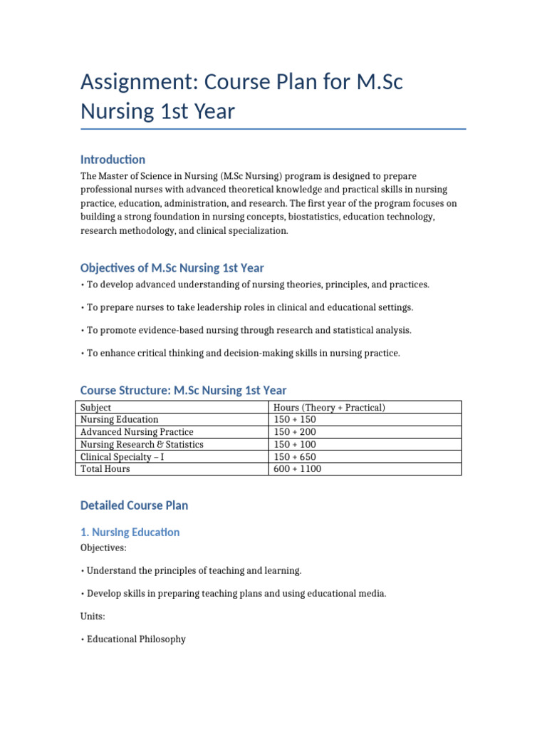 MSC Nursing 1st Year Course Plan | PDF | Nursing | Teaching Method