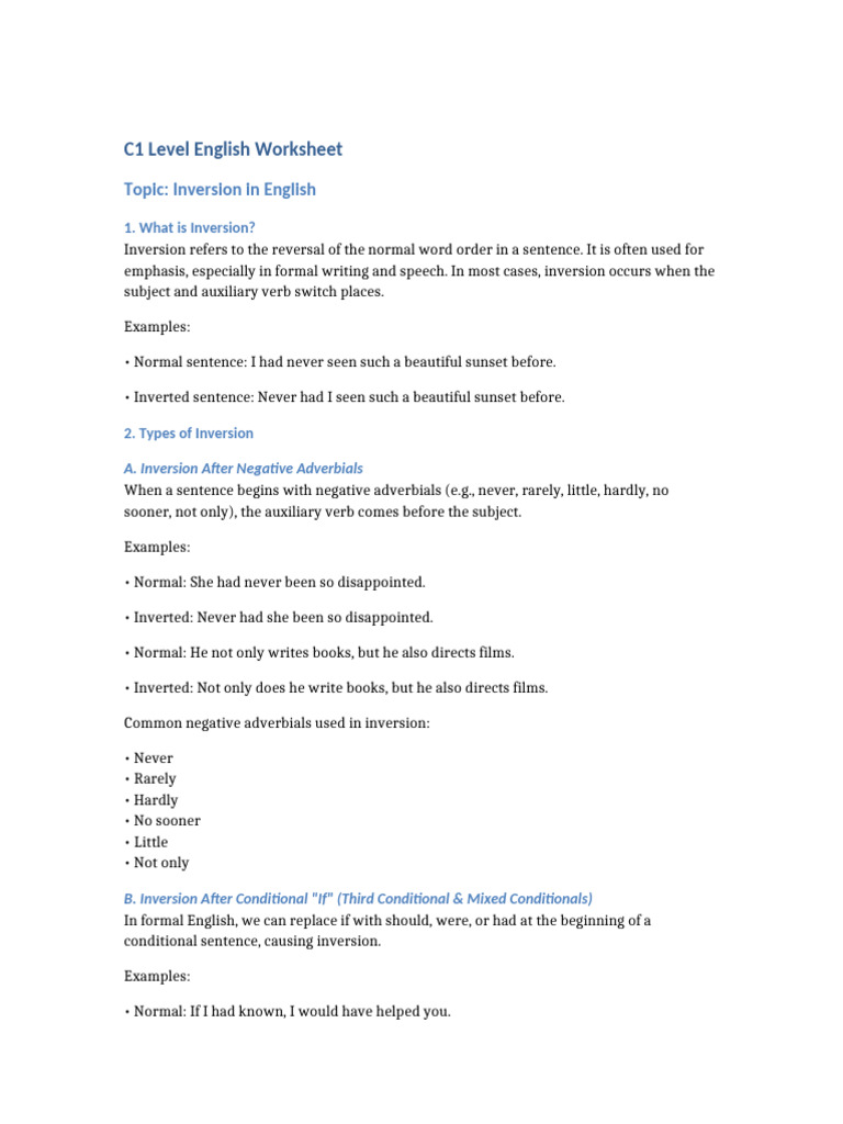 C1 - Level - Inversion - Worksheet 2 | PDF