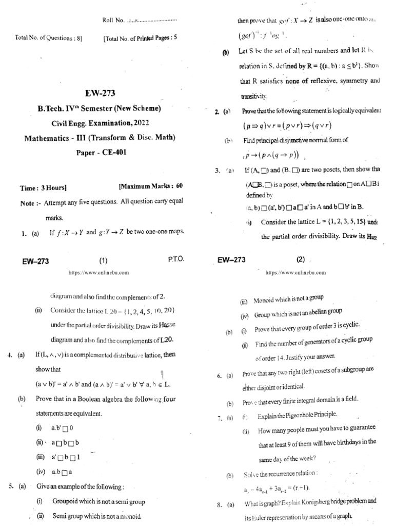 Btech Ce 4 Sem Mathematics 3 Tranform and Disc Math Ew 273 2022 | PDF