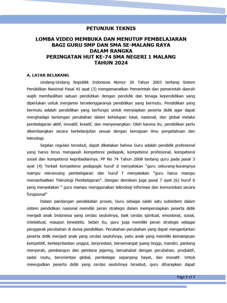 Lomba Video Pembelajaran Guru Malang 2024 | PDF