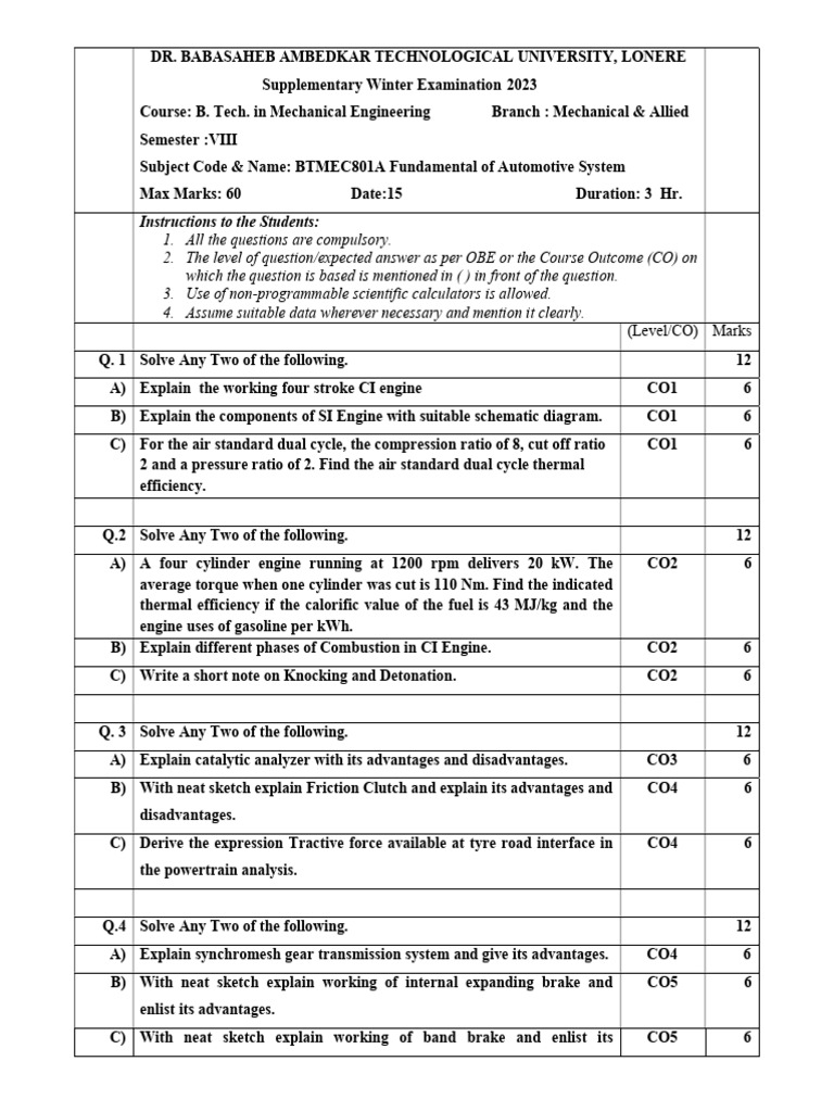Automotive Systems Exam Questions | PDF | Engines | Rotating Machines