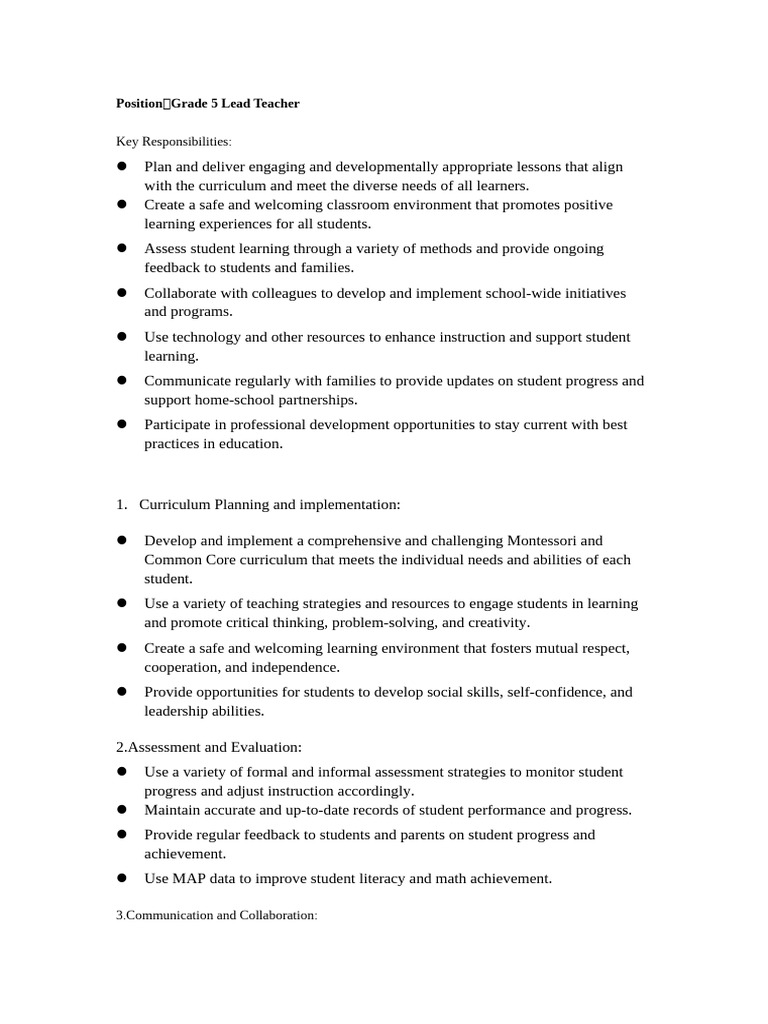 Grade 5 Lead Teacher Job Description | PDF | Learning | Teachers