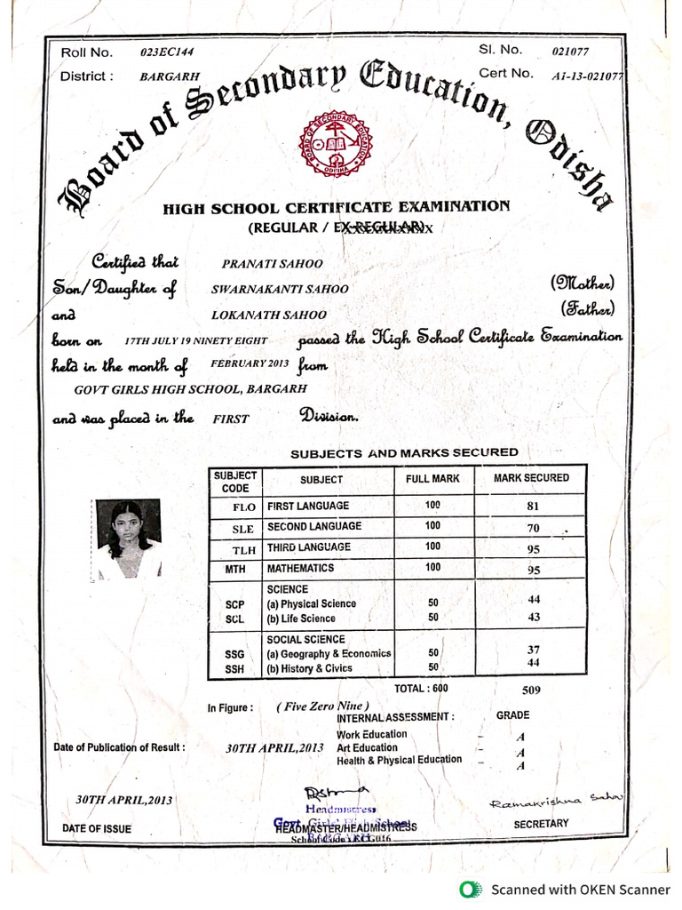 10th Mark Sheet | PDF