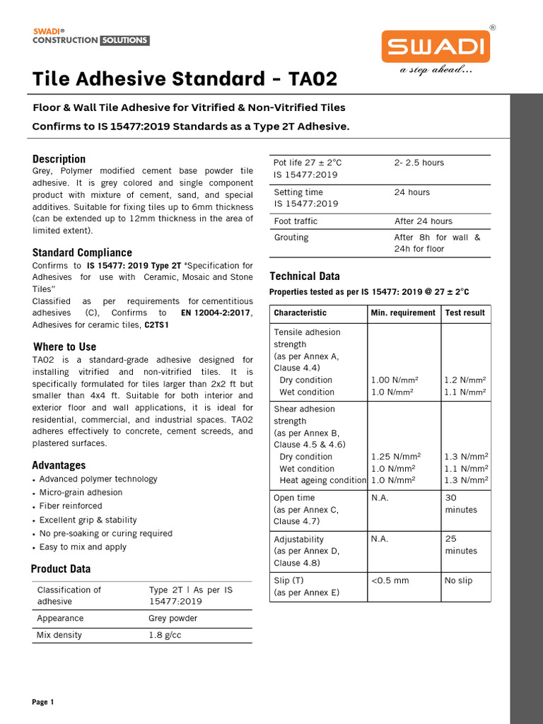 Swadi TA02 Tile Adhesive Overview | PDF | Tile | Adhesive