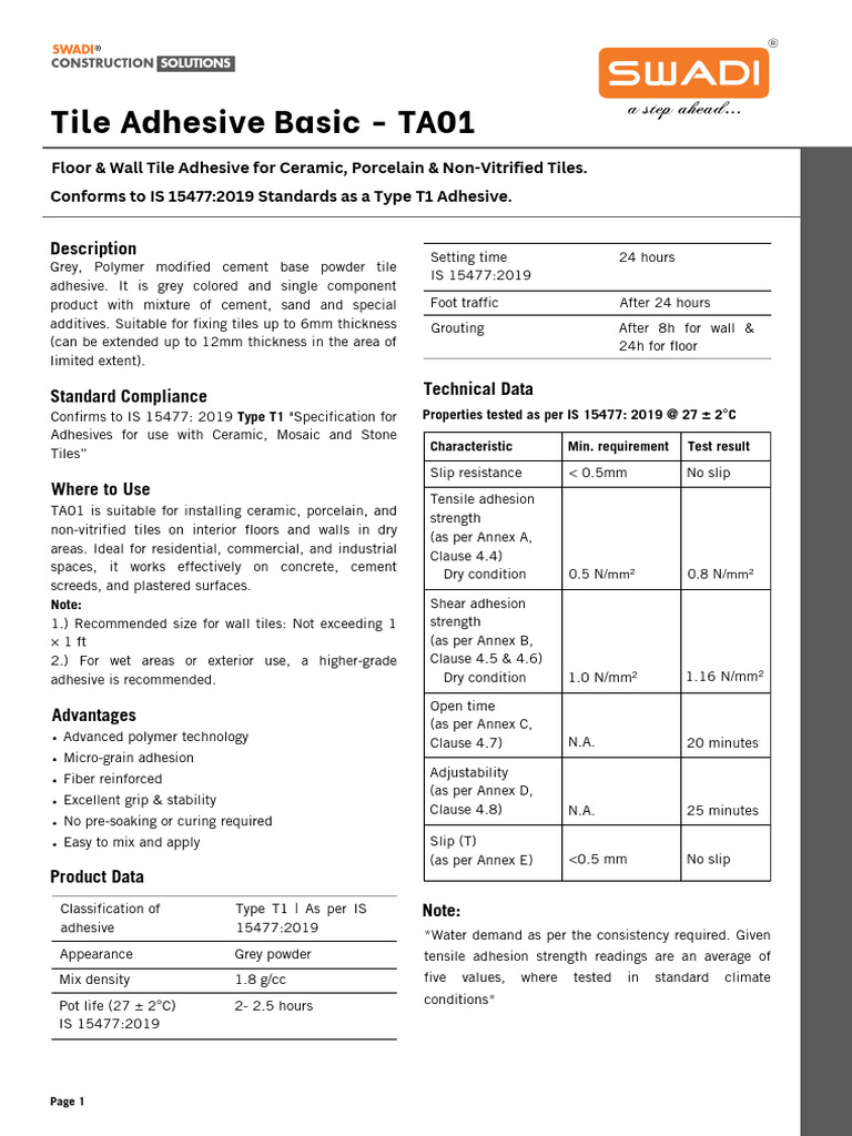 IS 15477 Type T1 Tile Adhesive Data | PDF | Tile | Secondary Sector Of ...
