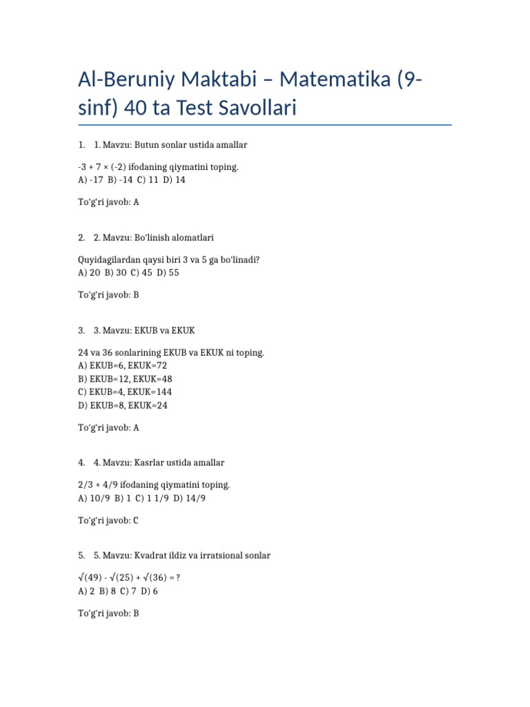 9 Sinf Matematika 40 Savol | PDF