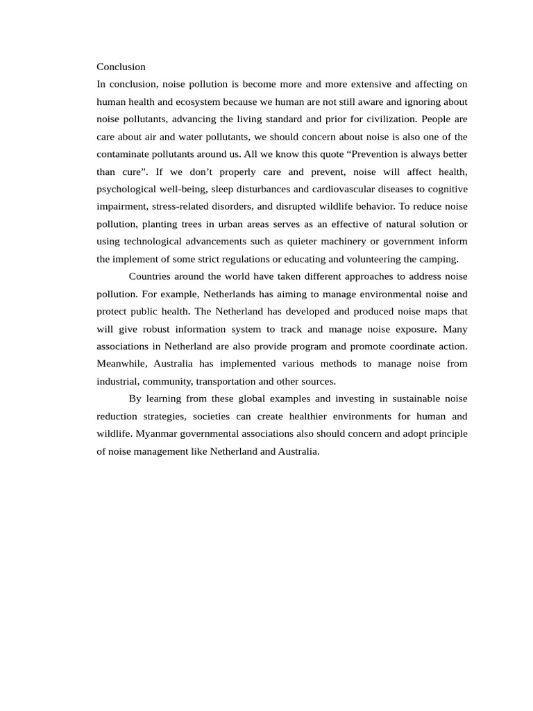 Conclusion Sample of Noise Pollution | PDF