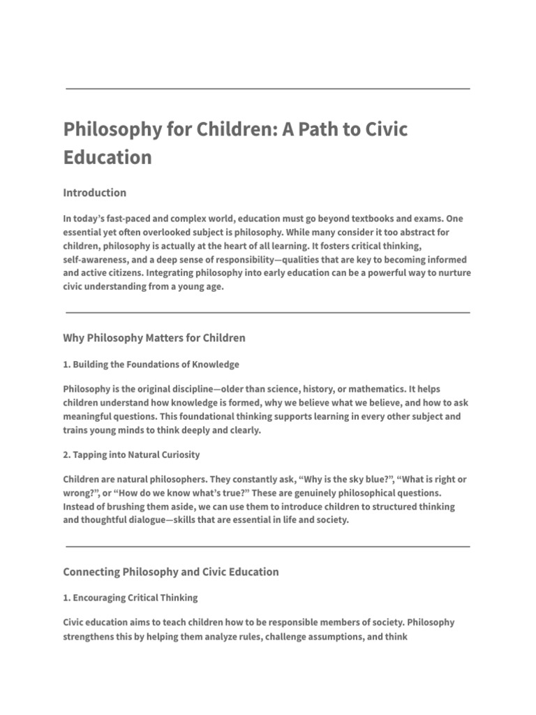 Philosophy For Children's A Path of Civic Education | PDF | Critical ...