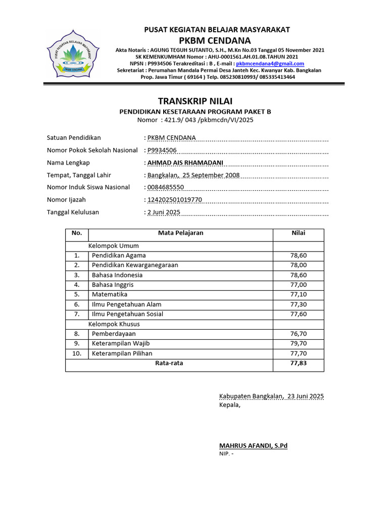 Transkrip Ahmad Ais R. | PDF