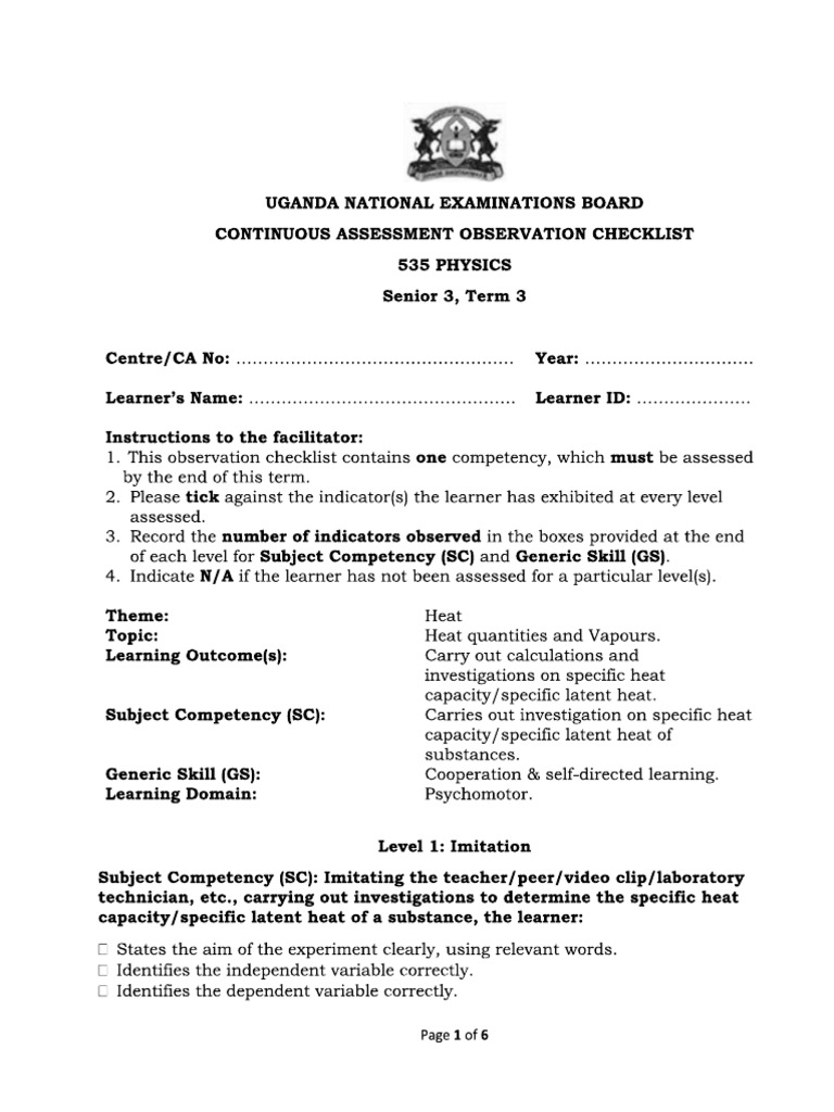 s.3 Term 3 Physics Observation Checklist 2024 | PDF