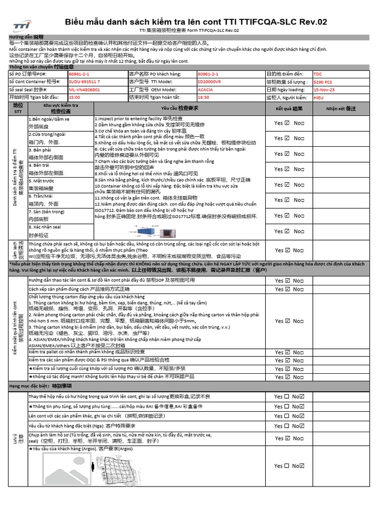 Acacia - sd20000vr - Nov 15, 23 - Ydc STD Tti Loading Check List - Po#60961-2!1!793 | PDF