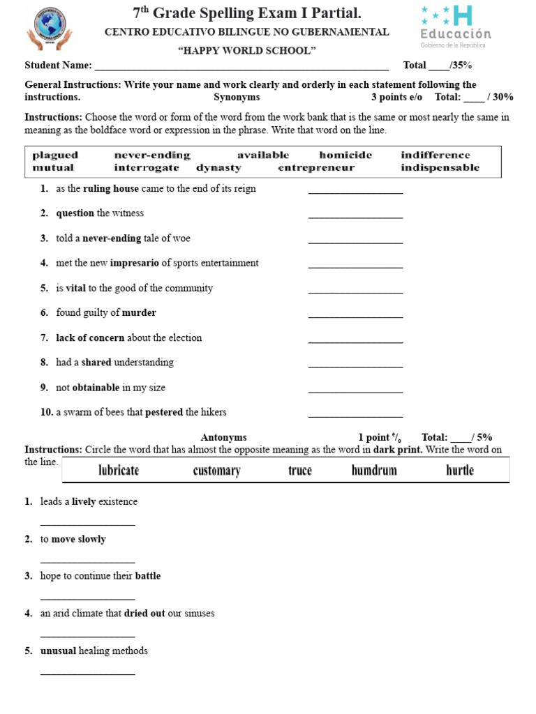 7th Grade Spelling Exam I Partial | PDF