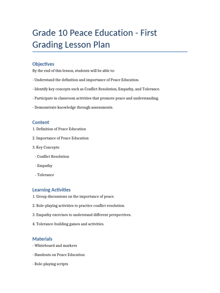 Grade 10 Peace Education First Grading Lesson Plan | PDF